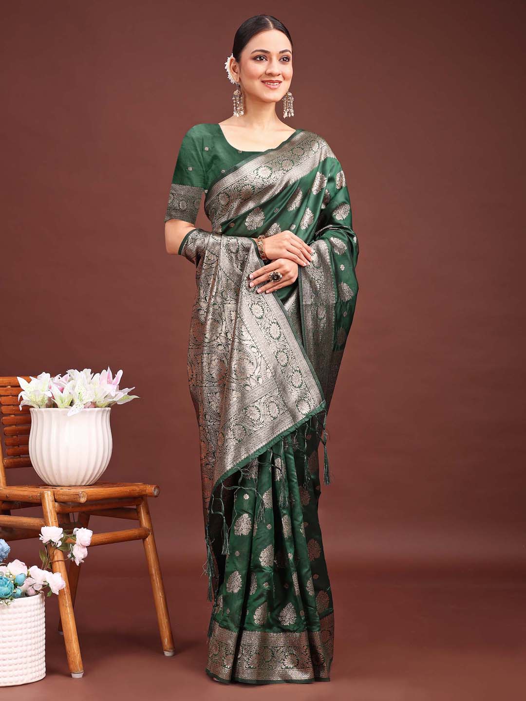 Silkspell Dark Green Ready To Wear Pocket Saree