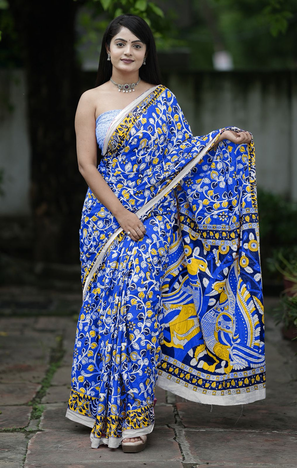 Mulmul Cotton Ajrakh (Blue) Printed Ready To Wear Pocket Saree