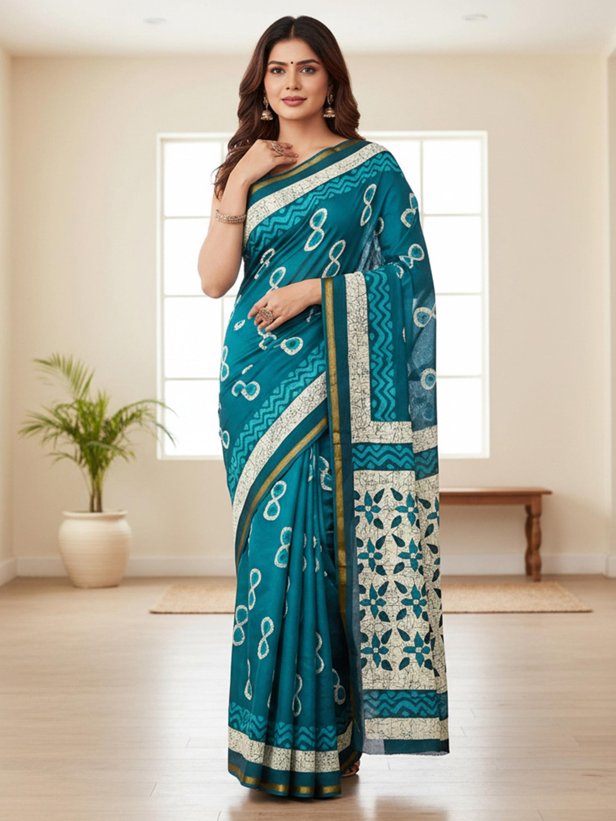 Blue Modal Mul Cotton Ready To Wear Pocket Saree